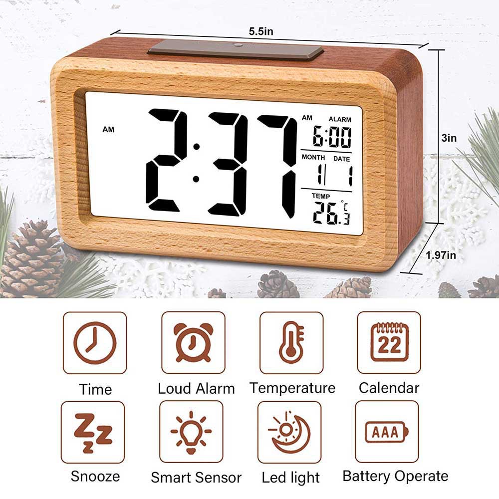 Wooden Large Led Digital Alarm Clock, Smart Sensor Night Light With ...