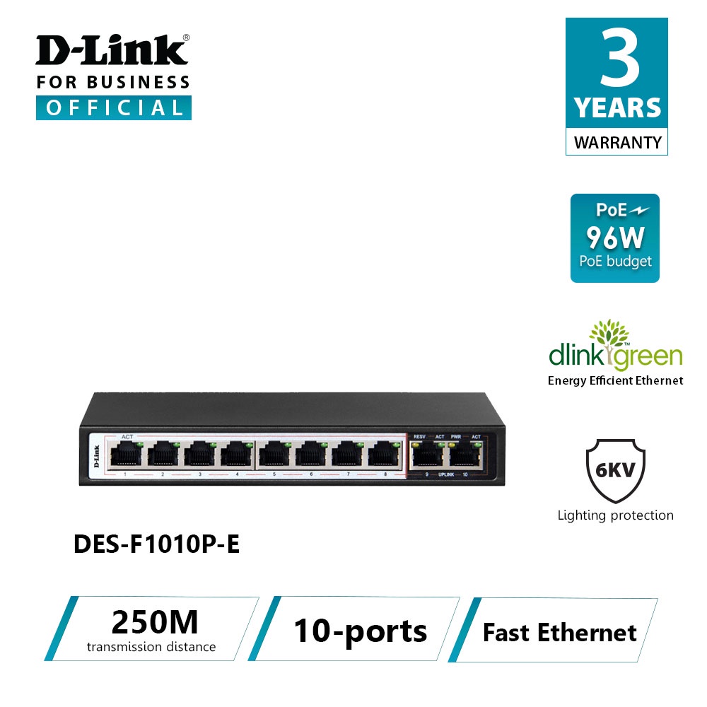 D-LINK DES-F1010P-E 250M 10Port Network Switch with 8 POE Ports and 2 ...