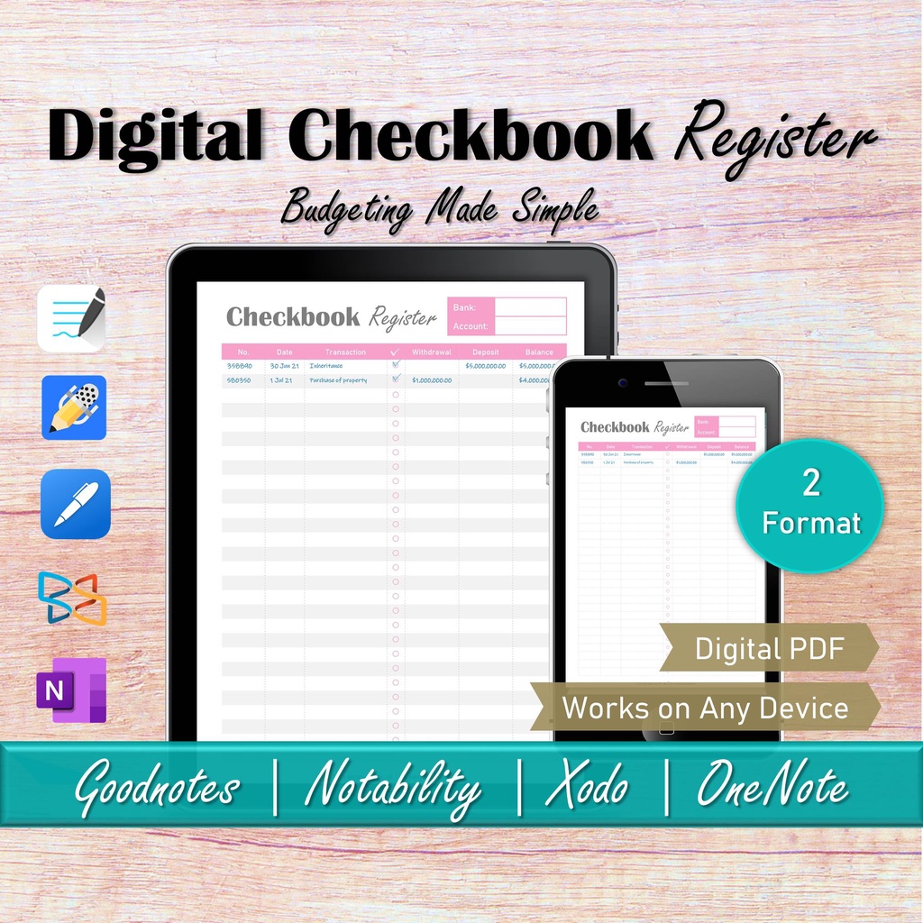 Digital Checkbook Register GoodNotes Checking Account Ledger Bank 