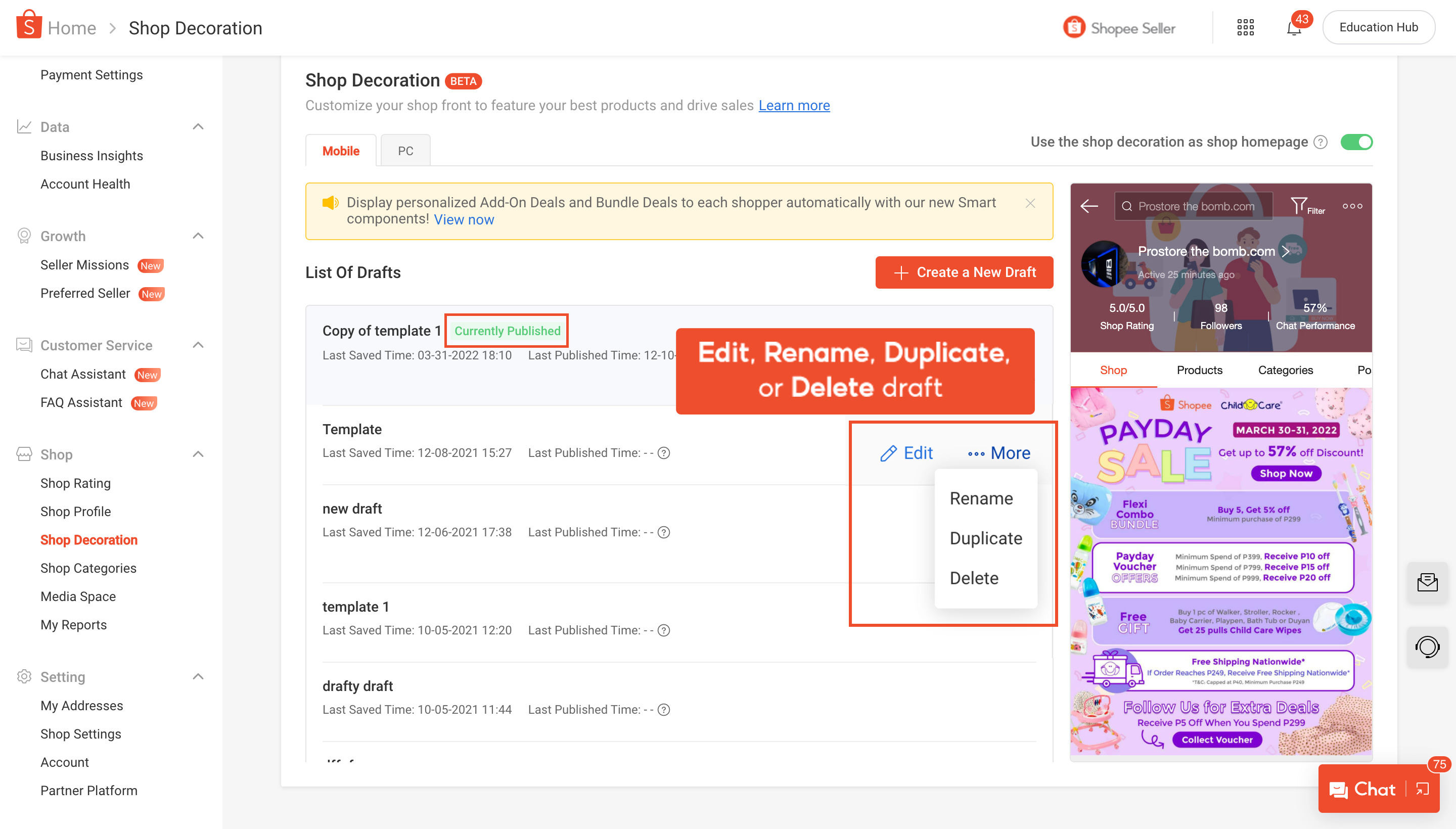 Editing drafts on Premium Shop Decoration | Shopee PH Seller Education Hub