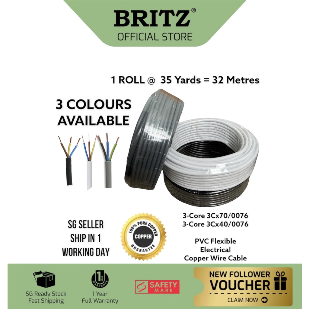 [SGSELLER] 3 Core x 40/0076 & 70/0076 Length 32 Metres or 35 Yards PVC ...
