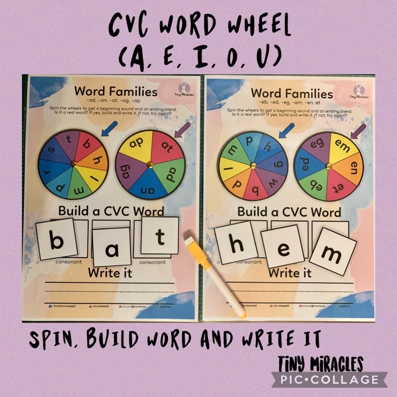 CVC Word Family Spin Wheel & Worksheet (Handmade) Learning Activity ...