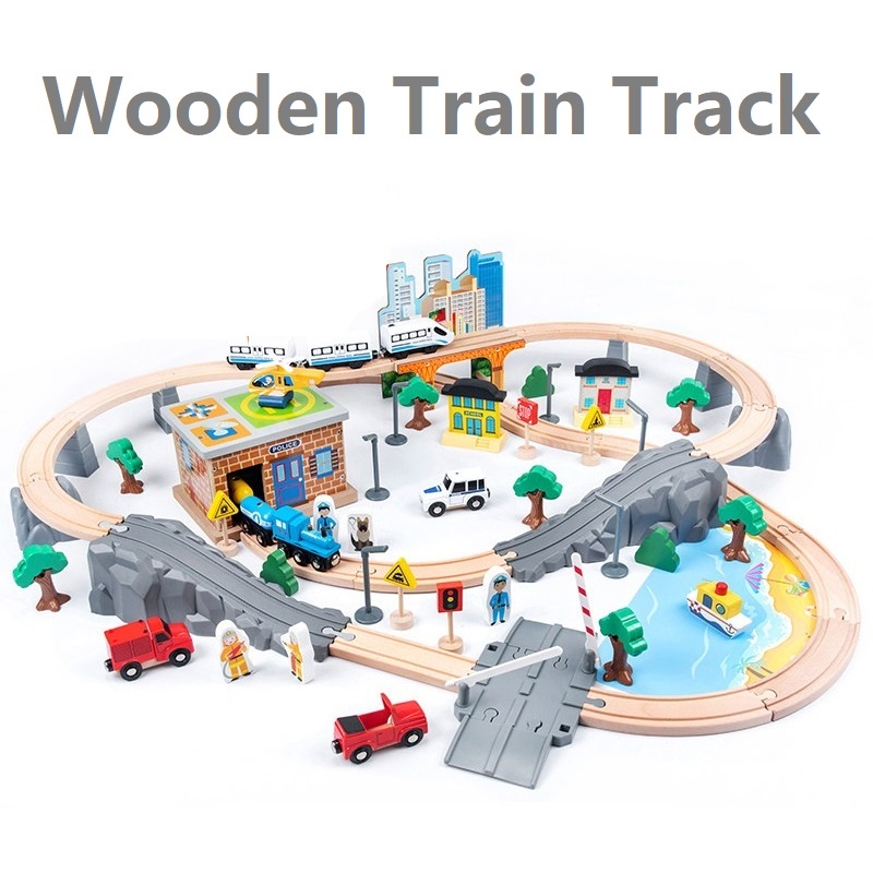 Wooden Train Set Mini City for Toddler with Double-Side Train Tracks ...