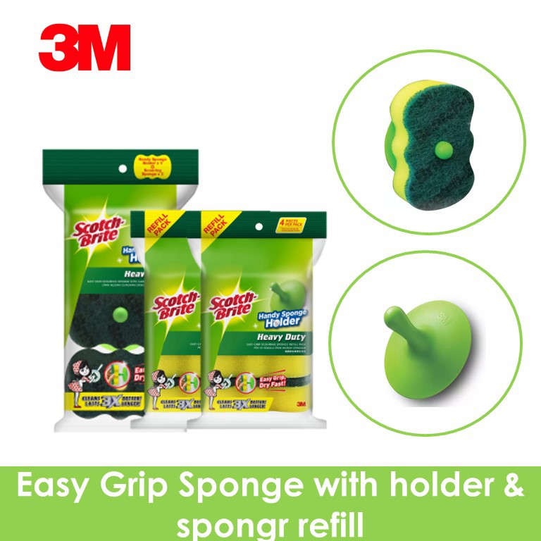 3M Scotch Brite Heavy Duty Easy Grip Scouring Sponge with Holder (3 Pcs ...