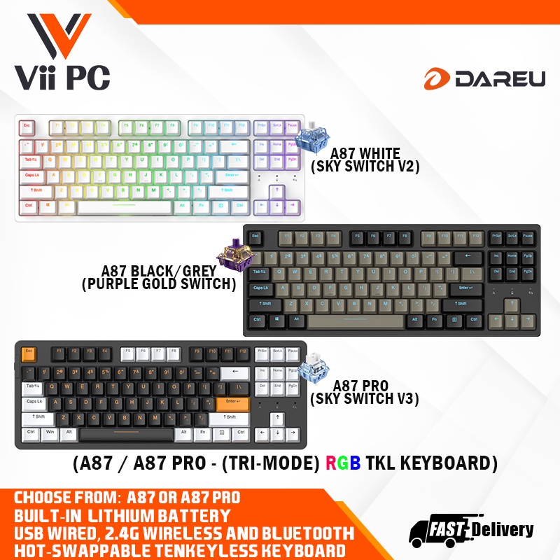 Dareu A87 / A87 PRO, Tri-mode Connection, 100% Hot-swappable, RGB LED Backlit Mechanical Gaming ...