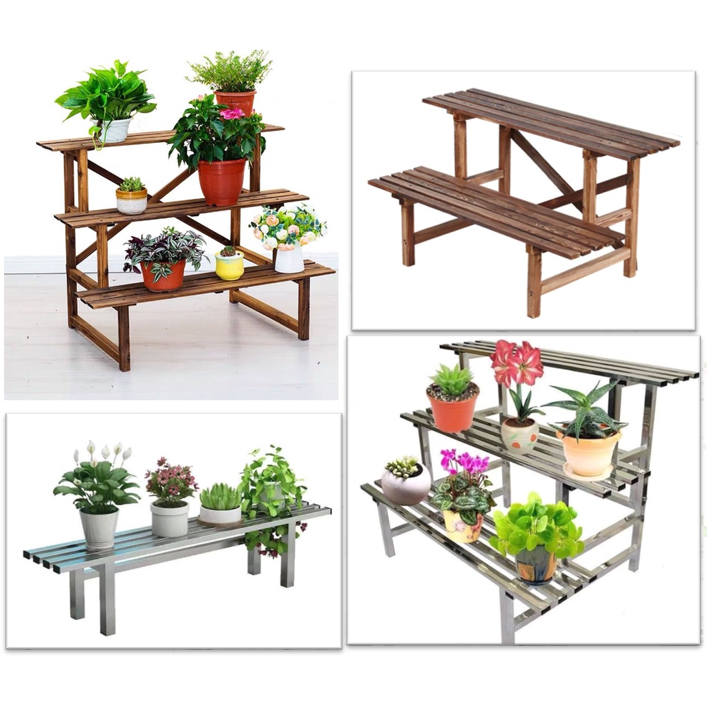 Local Stock]Wooden Plant Rack Stainless Steel Rack Outdoor Planter Rack ...