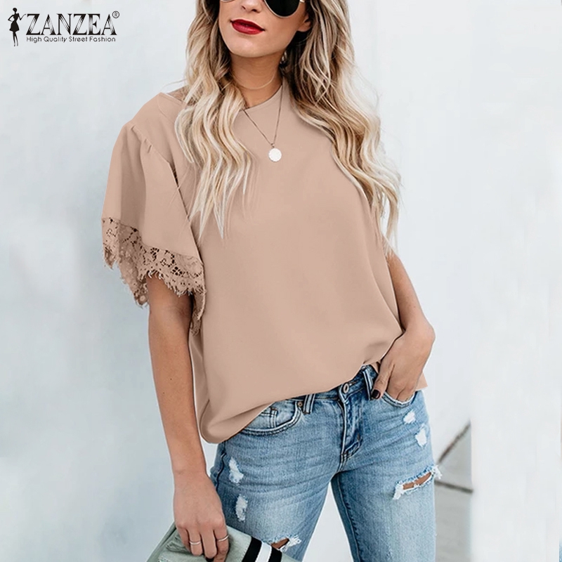 Zanzea Women Lace Patchwork Flare Sleeve Casual Loose Blouse Shopee