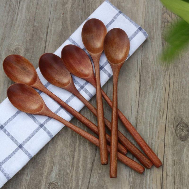 6 Pieces Wooden Spoons for Eating Mixing Stirring Cooking, Long Handle ...