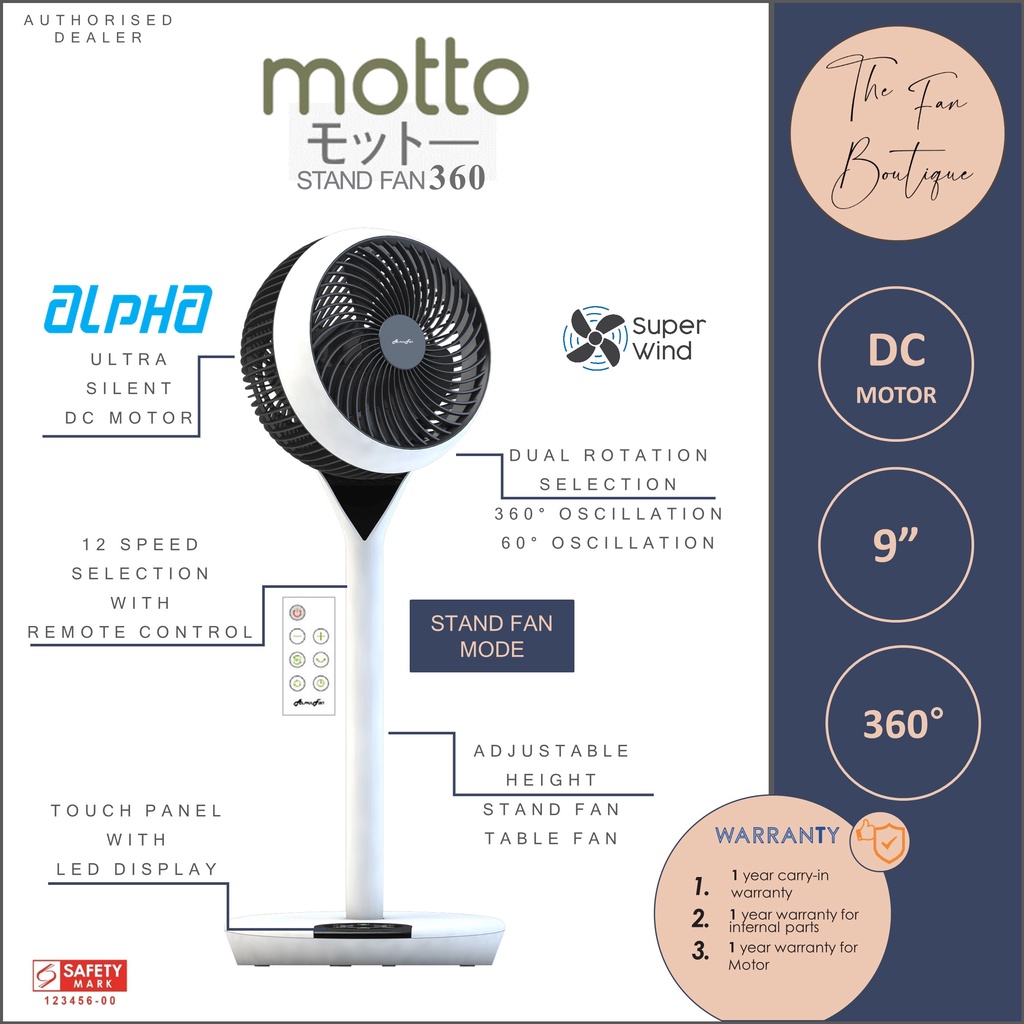 Alpha Motto SF360 - Powerful 360 DC Motor Stand Fan and Table Fan with ...