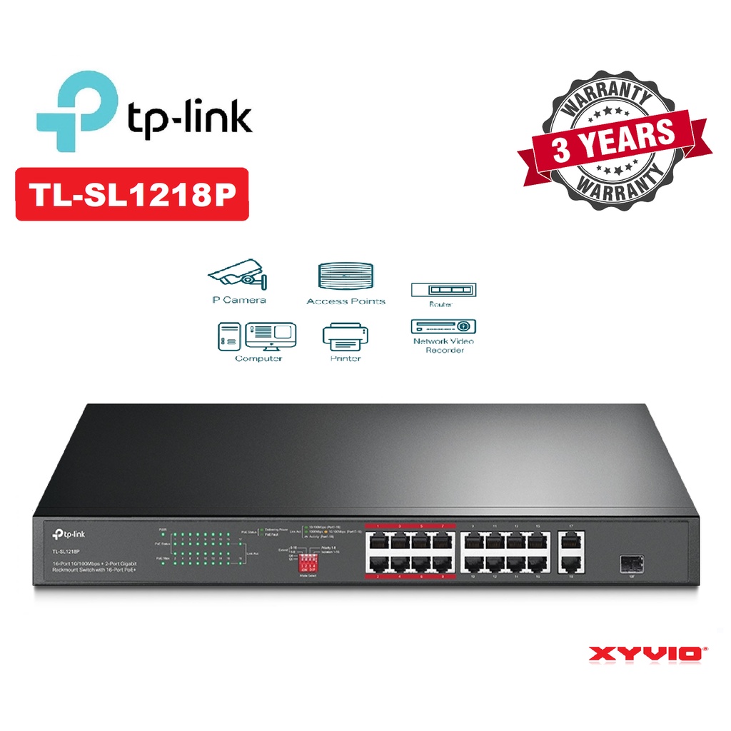 TP-LINK TL-SL1218P 16-Port 10/100 Mbps + 2-Port Gigabit Rackmount Switch with 16-Port PoE+ ...