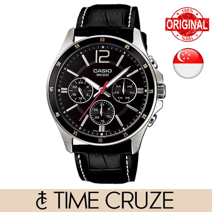 [Time Cruze] Casio MTP-1374 Multi Hands Black Leather Strap Analog Quartz Chronograph Men Watch ...