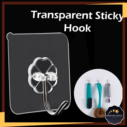 [BC] 4PCS Wall Hook Strong Adhesive Transparent Reusable Sticker Heavy ...