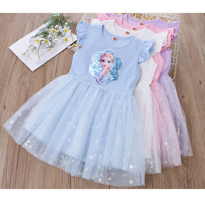 Frozen Elsa Ruffle Sleeve Dress with Snowflake Printing for Kid ...
