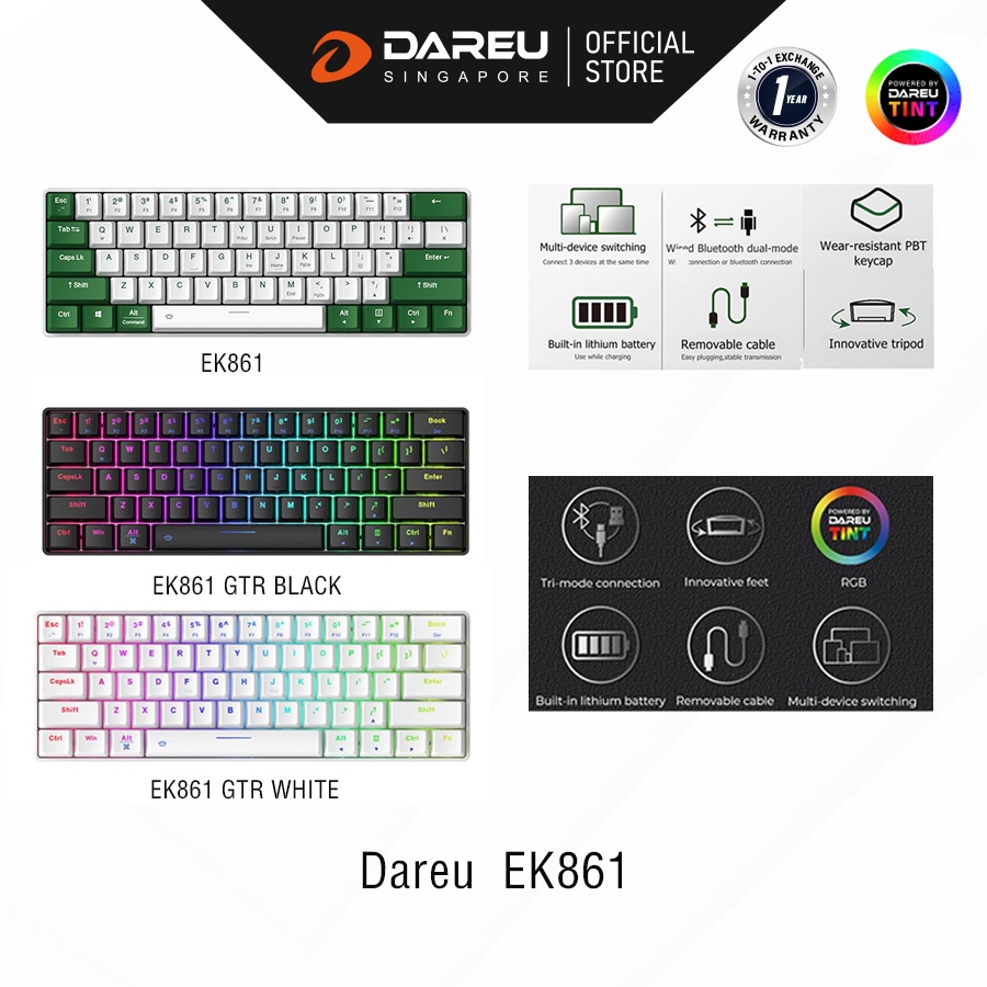 Dareu EK861/EK861 GTR Tri-Model 61-Key 60% Mechanical Keyboard PBT ...