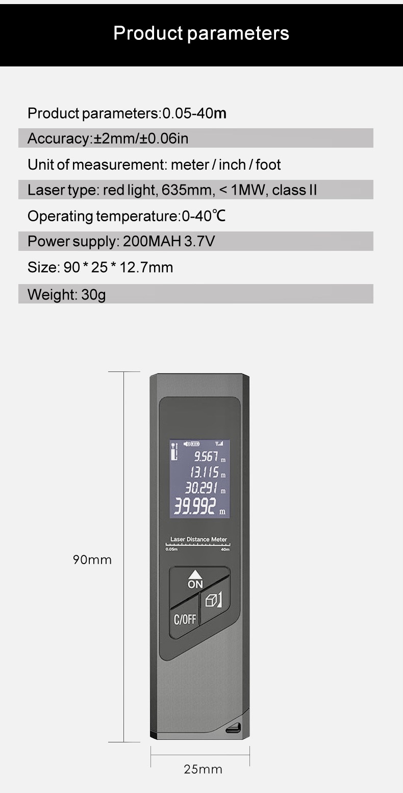 SMARTECK Laser Distance Meter Digital 40M Rangefinder Measure Tape ...