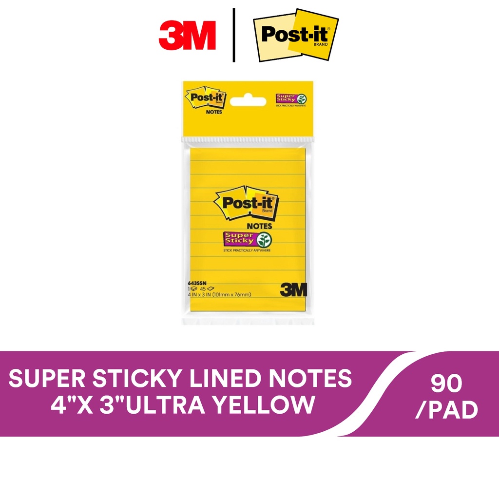 3M Post It Super Sticky Line Notes Yellow 643SSN UY 3x4 In 45 Pad 1 