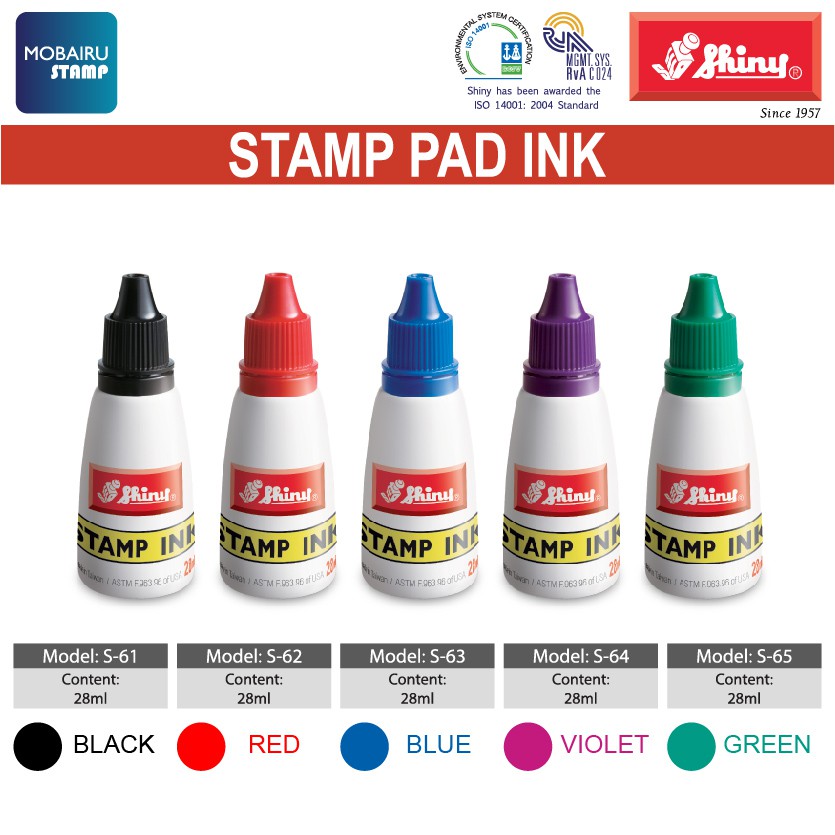 SHINY Stamp Pad Ink 28ml (Color: Black, Blue, Red, Violet & Green ...