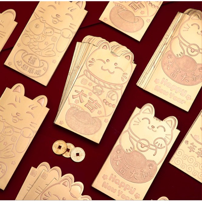 6 Designs 18pcs/set 2023 CNY Classy Gold Embossed Tiger Fortune Cat Red ...