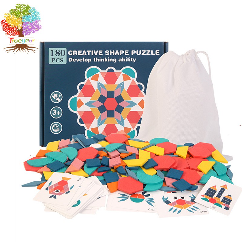 180 Pcs Wooden Pattern Blocks Set Geometric Manipulative Shape Puzzle ...