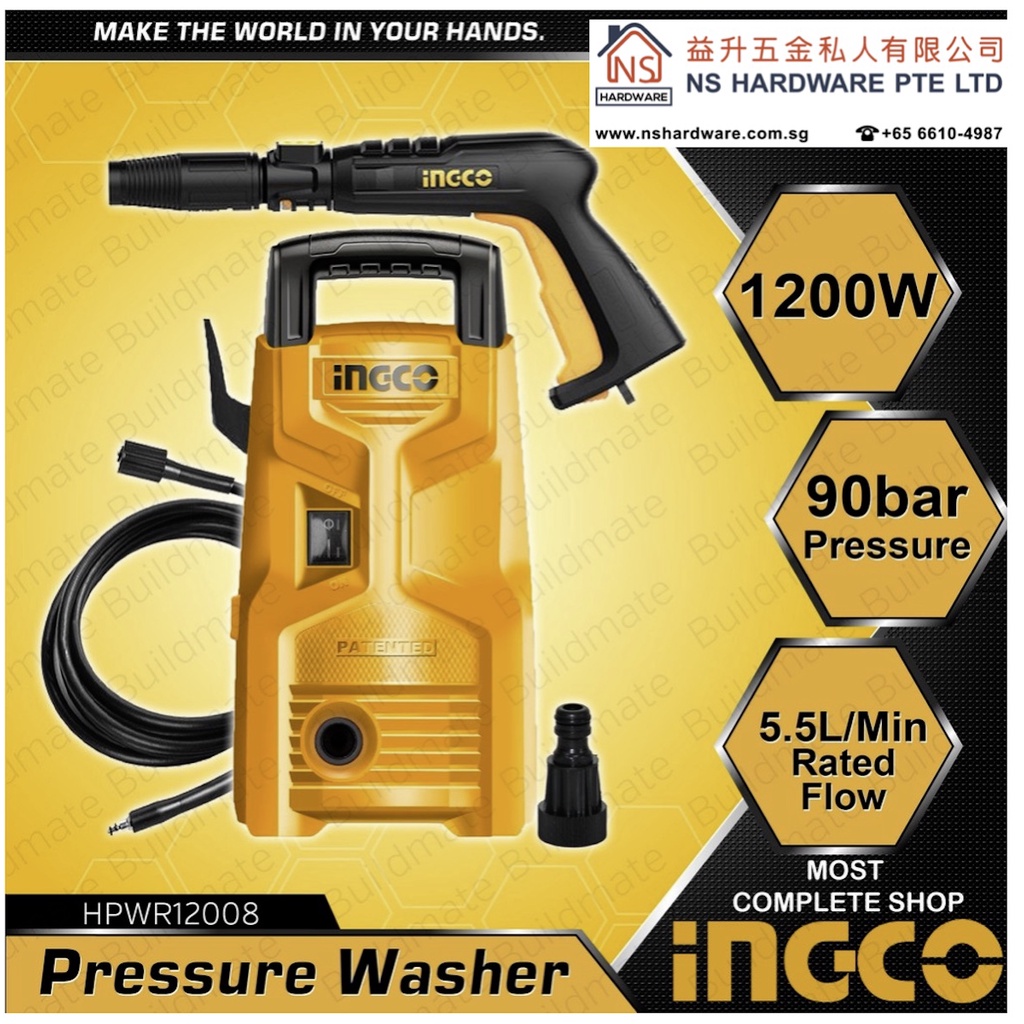 INGCO 1200W High Pressure Washer with Aluminium Wire Motor and Auto Stop System HPWR12008 ...
