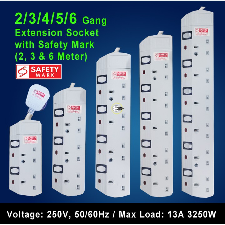 2/3/4/5/6 Gang Extension Socket with Singapore Safety Mark (2, 3 & 6 ...