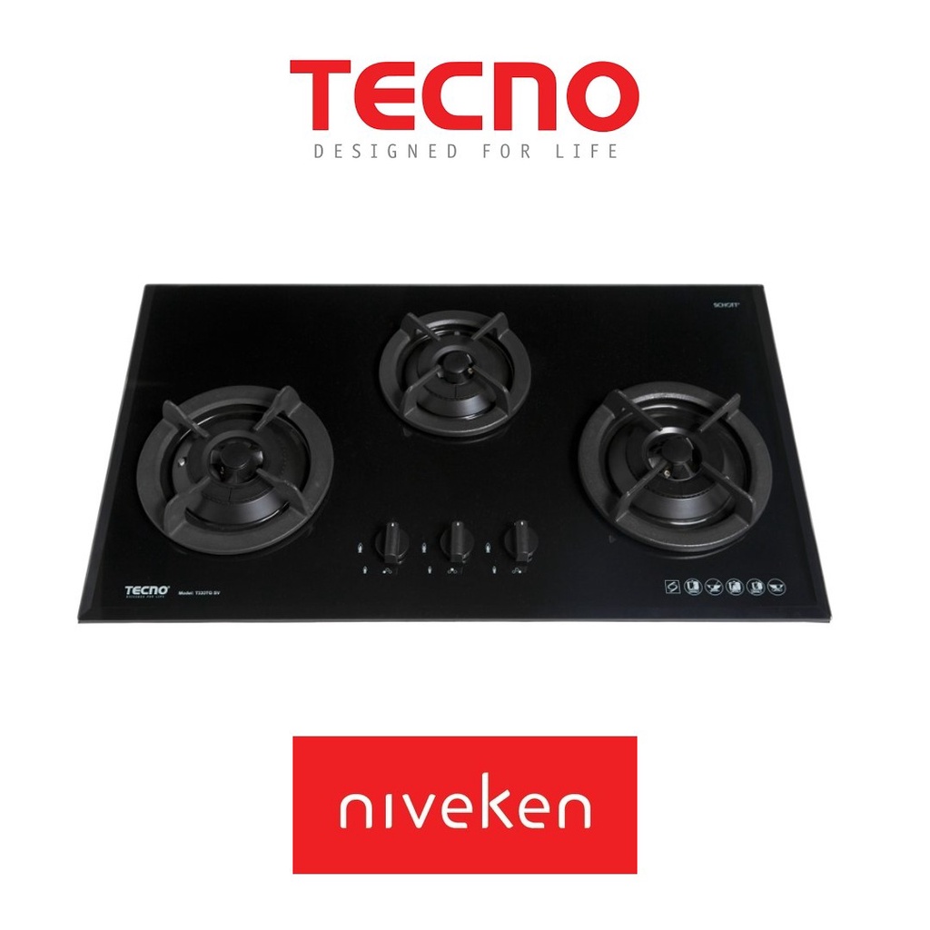 Tecno T333TGSV / T 333TGSV 3-Burner 90cm Tempered Glass Cooker Hob ...