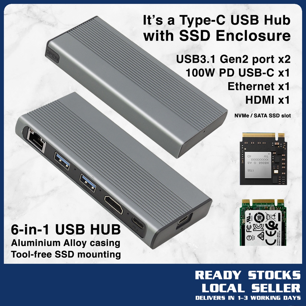 [SG] 6-in-1 USB-C Hub with SSD Enclosure (NVMe / SATA) HDMI Ethernet ...