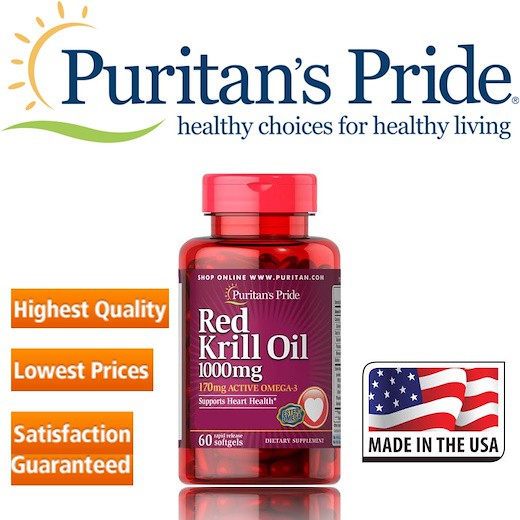Puritan's Pride Red Krill Oil 1000 mg (170 mg Active Omega-3) 1000 mg / 30 & 60 Softgels ...