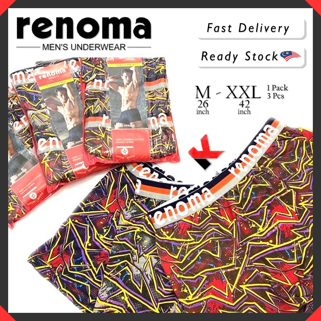 BL9028|1 pack 3 pcs RENOMA Men Boxer Seluar Dalam Lelaki Dewasa 100% ...
