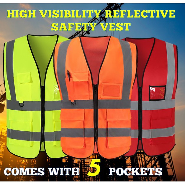 High Visibility Safety Vest with Reflective, Pocket, Key Ring & ID Tag ...
