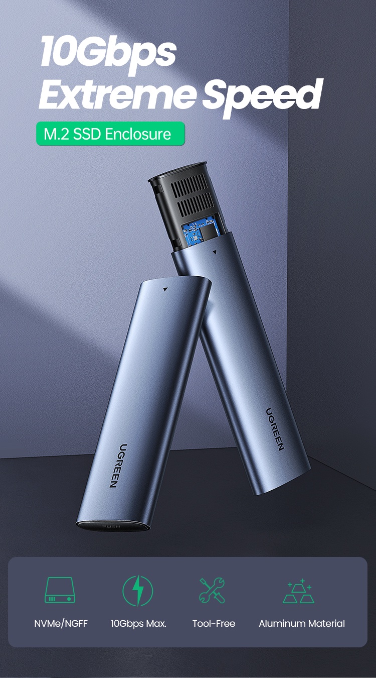 UGREEN M.2 NVMe SSD Enclosure Dual Protocol NVMe SATA to USB 3.1 Gen2 10 Gbps NVMe PCI-E M.2 SSD ...