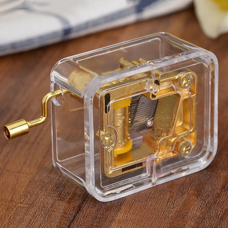 Portable Square Gift Mini Music Box Clear Acrylic Gold Hand Crank Music ...