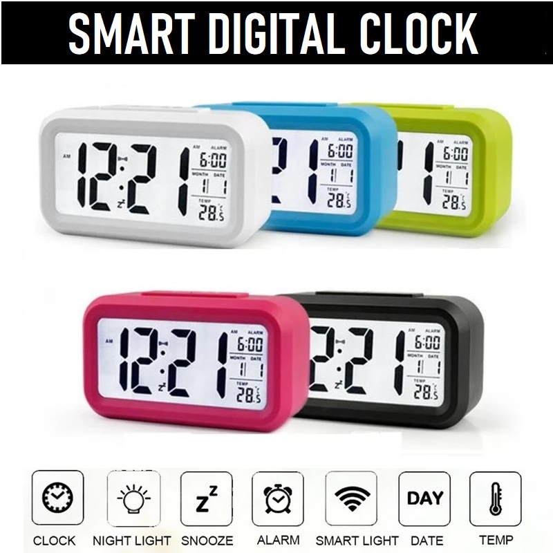 Smart Digital Clock Time Alarm Date Snooze Temperature Night Light ...
