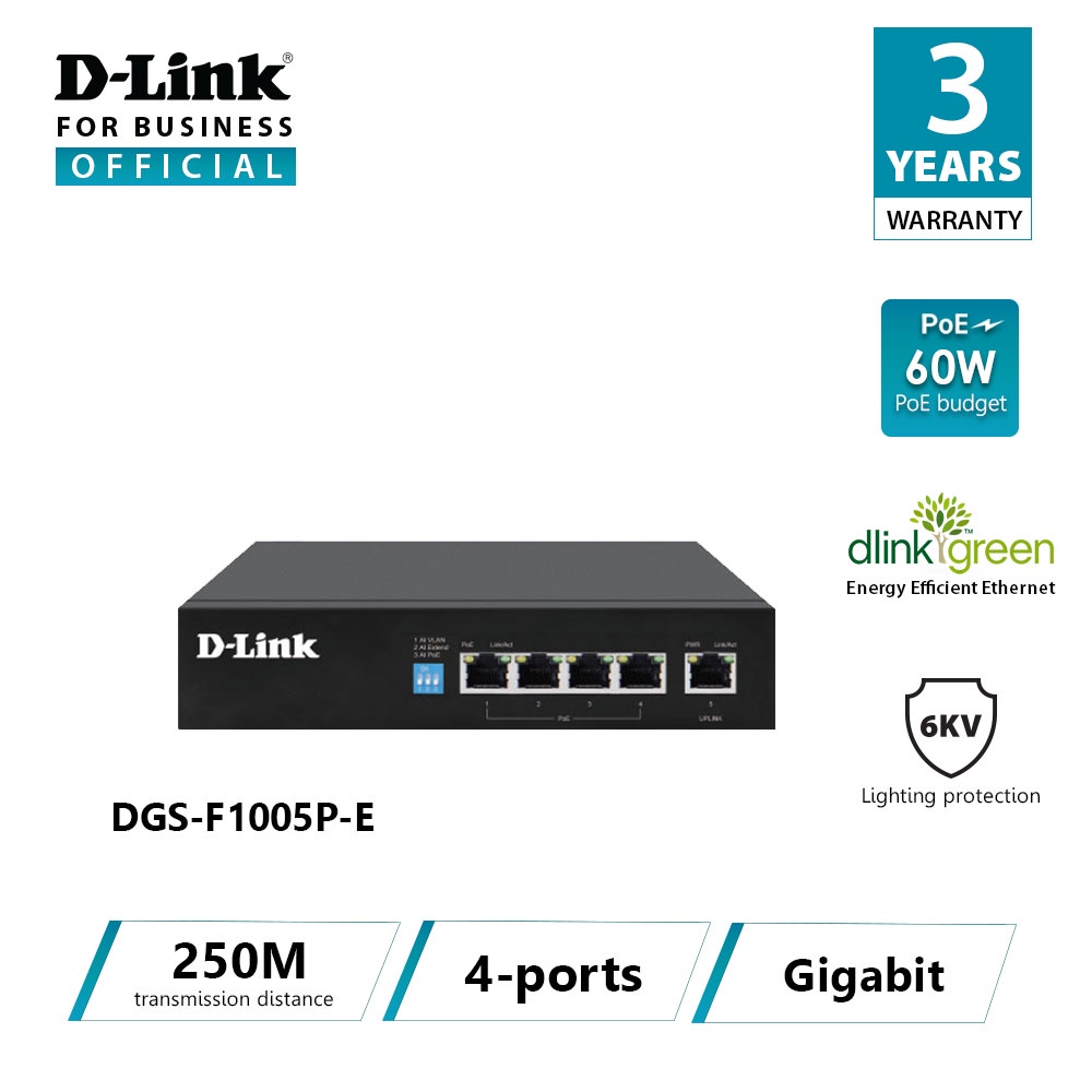 D-Link DGS-F1005P-E PoE 250m 4 Gigabit 10/100/1000 Port PoE with 1 uplink port power budget 60W ...