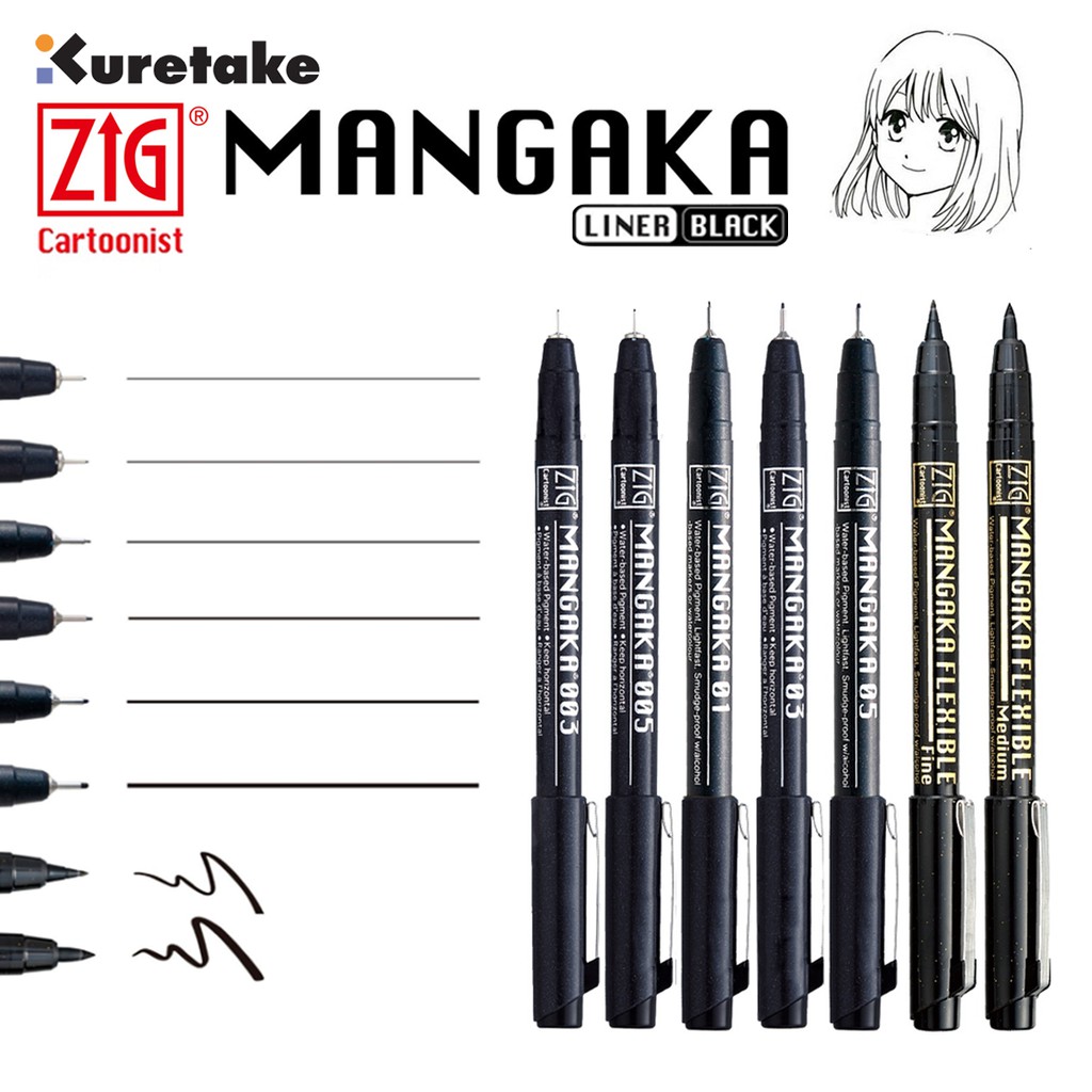 Kuretake ZIG Cartoonist MANGAKA Drawing Pen Out Liner and Flexible Pen ...