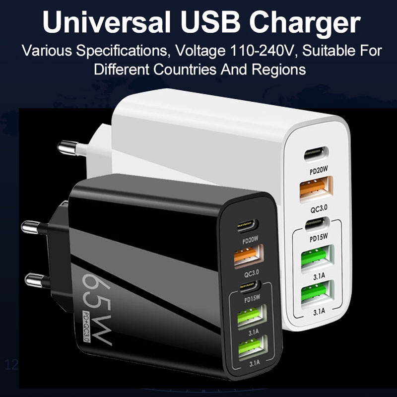 65W USB Charger 5 Ports Fast Charge Charger Type C PD Quick Phone ...