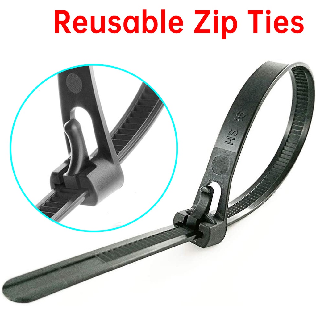 Reusable Cable Zip Ties 20cm UV Black Releasable Nylon Tie Wraps ...