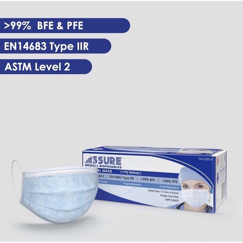 Assure Brand Face Mask (With ASSURE Logo) 3 ply Singapore Brand Blue 50 ...