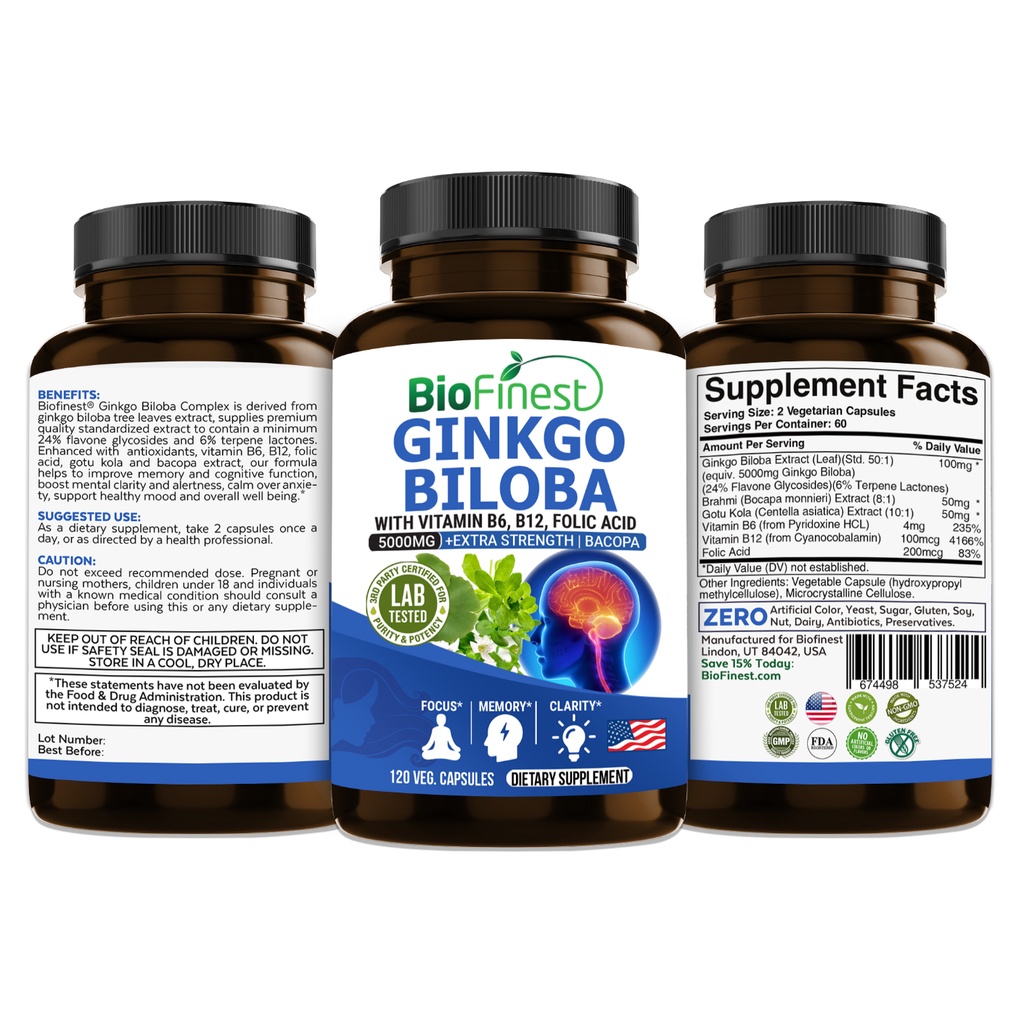 Biofinest Ginkgo Biloba 5000mg Supplement - Vitamin B6 B12 Folic Acid ...