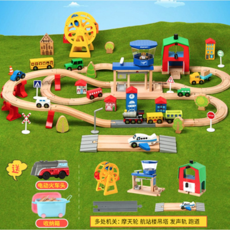 81 Pc Ferris Wheel Wooden Train Set with Airport Control station , Two ...