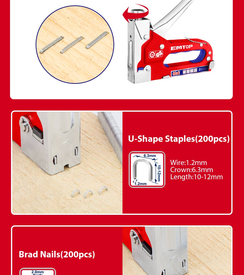 EMTOP 3 in 1 Staple Gun Kit With U-Shape Staples And Brad Nails ...