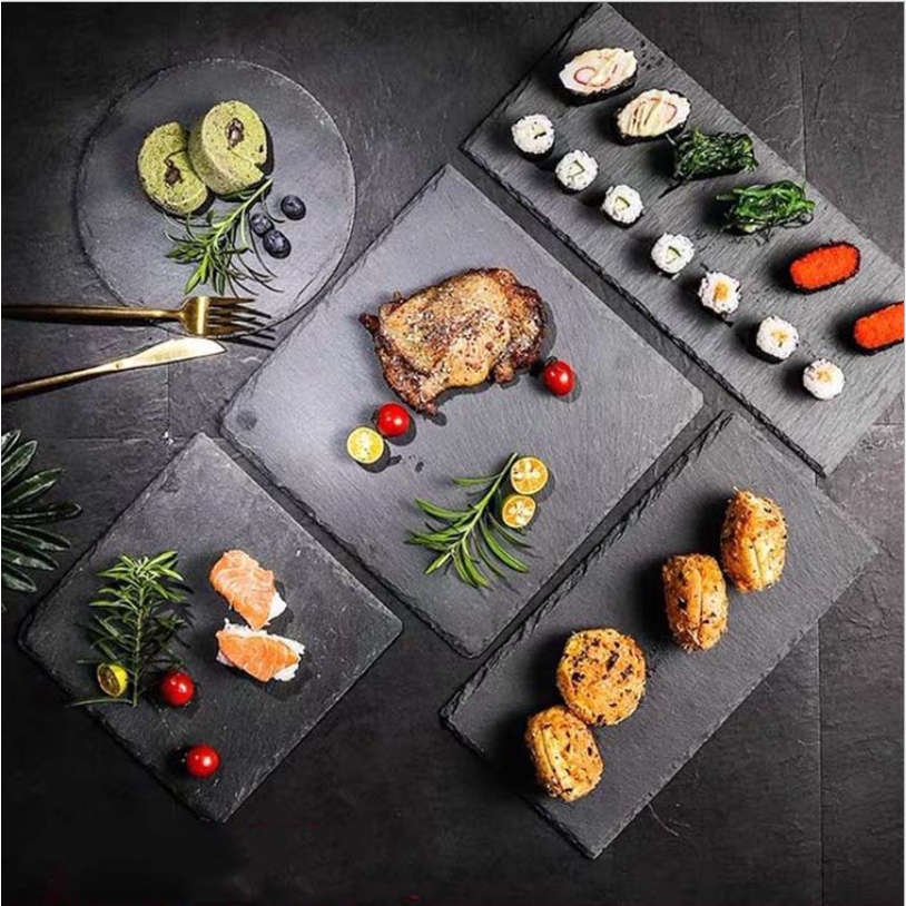 Natural Black Slate stone Dishes Solid Sushi Steak Barbecue BBQ Plate ...