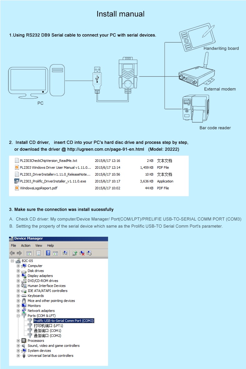 UGREEN USB to RS232 COM Serial PDA 9 DB9 Pin Cable Adapter with PL2303 ...
