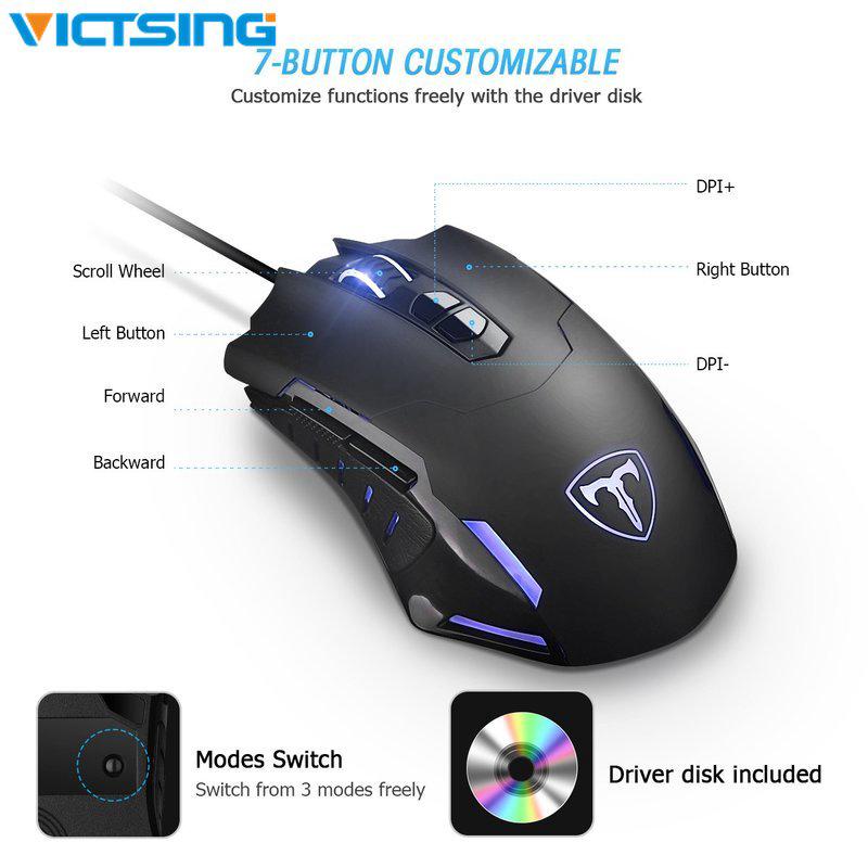 VicTsing PC034 Gaming Mouse Wired 7200 DPI Programmable RGB Breathing Light Ergonomic Mouse ...