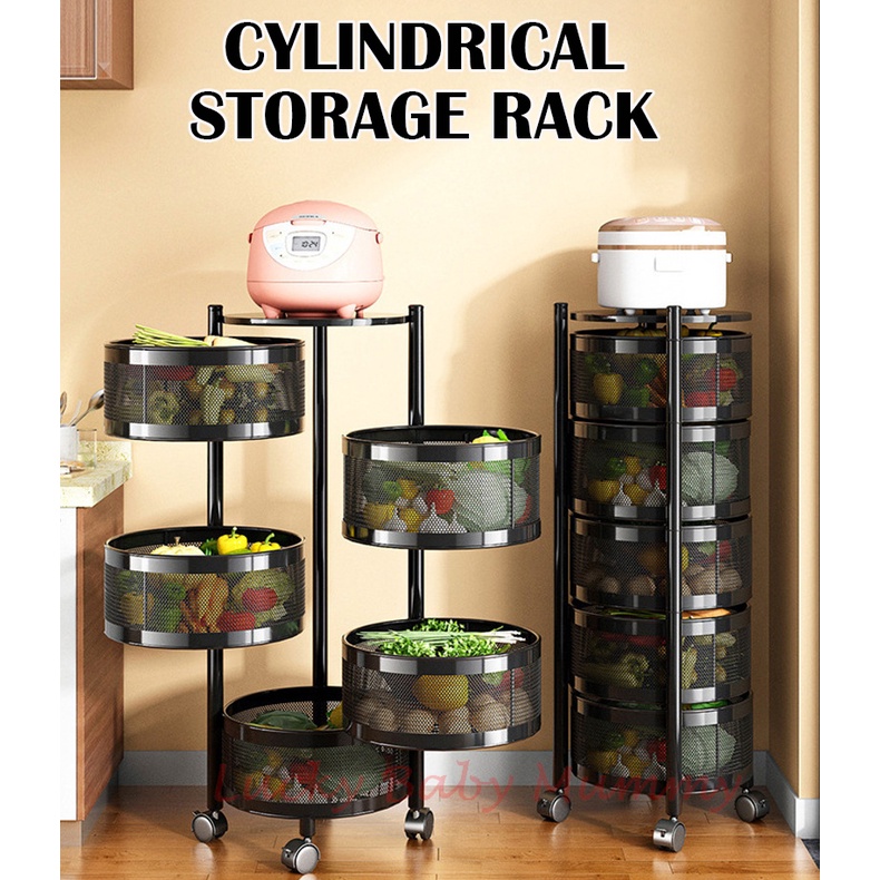 Cylindrical Kitchen Rotating Storage Box Basket Trolley Rack Vegetable ...