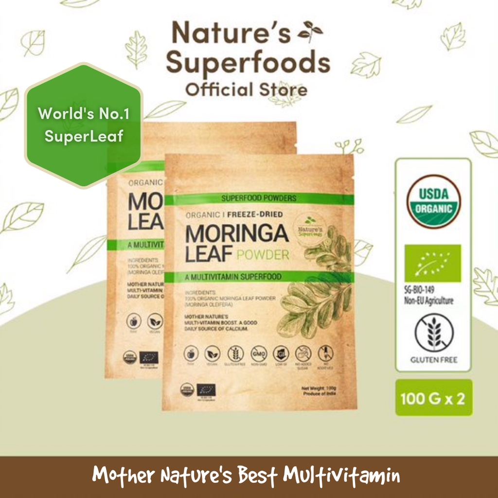 Bundle Deal: Nature's Superfoods Organic Raw Moringa Leaf Powder 100g Pack x 2 l Natural ...