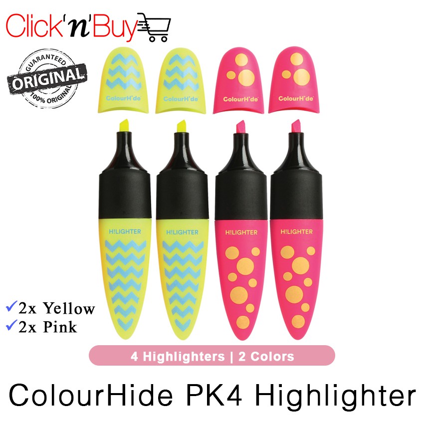 ColourHide PK4 Highlighters. 2x Yellow & 2x Pink. Last up to 4hrs ...