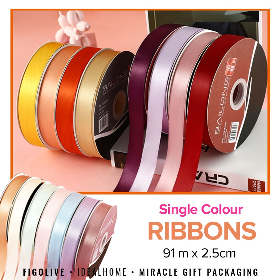 [Miracle GP] 2.5cm (91M) per roll Solid Color Double Sided Satin Ribbon ...