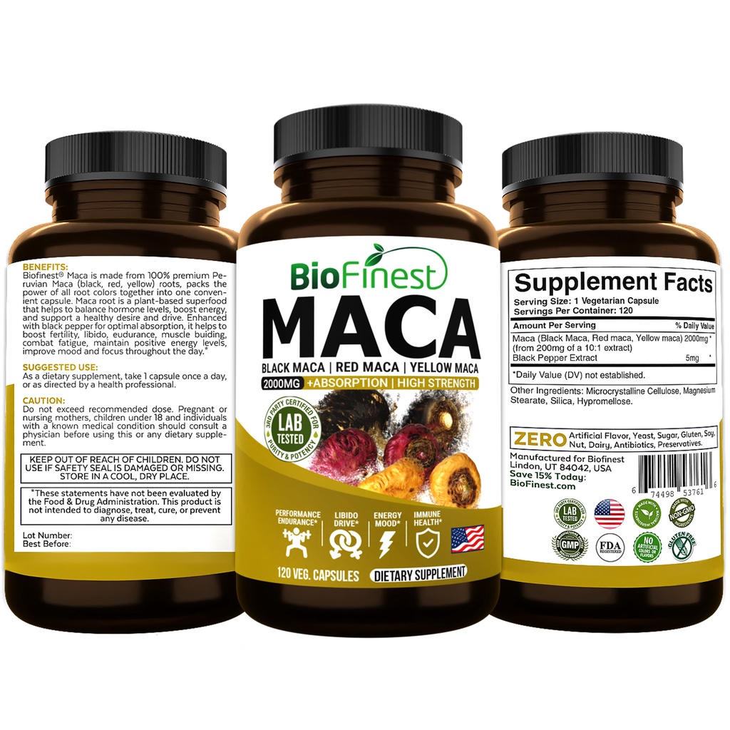 Biofinest Peruvian Maca 2000mg - 3x Black Red Yellow Maca Root ...