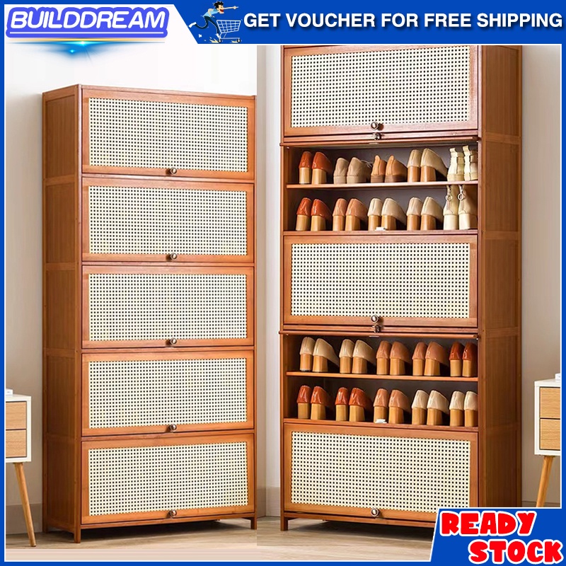 3/5/7/9/11Tier Bamboo Shoe Cabinet with Flip Door Household Dustproof ...